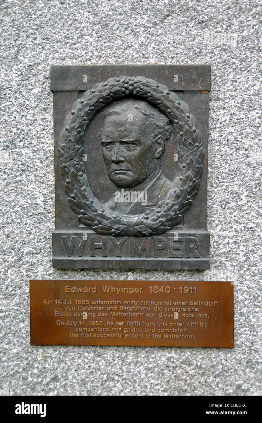 Plaque commemorating Edward Whymper who led the party making first ...