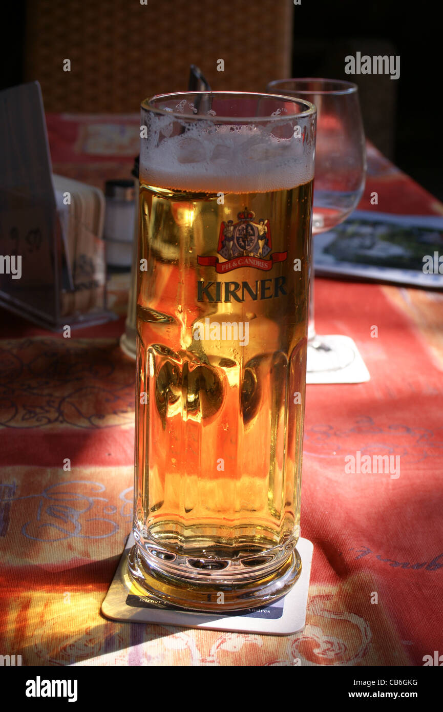 A printed glass of Kirner German lager at a bar in Idar-Oberstein ...