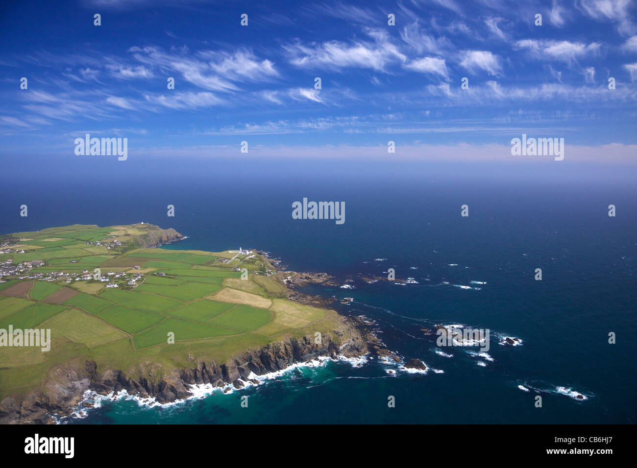 Aerial view of Lizard Point, Lizard Peninsula, in summer sun, Cornwall ...