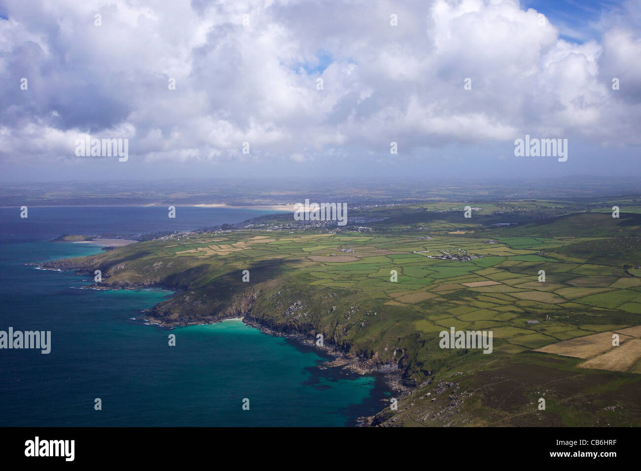 Aerial view of North Cornwall coast looking east to St Ives Bay in ...