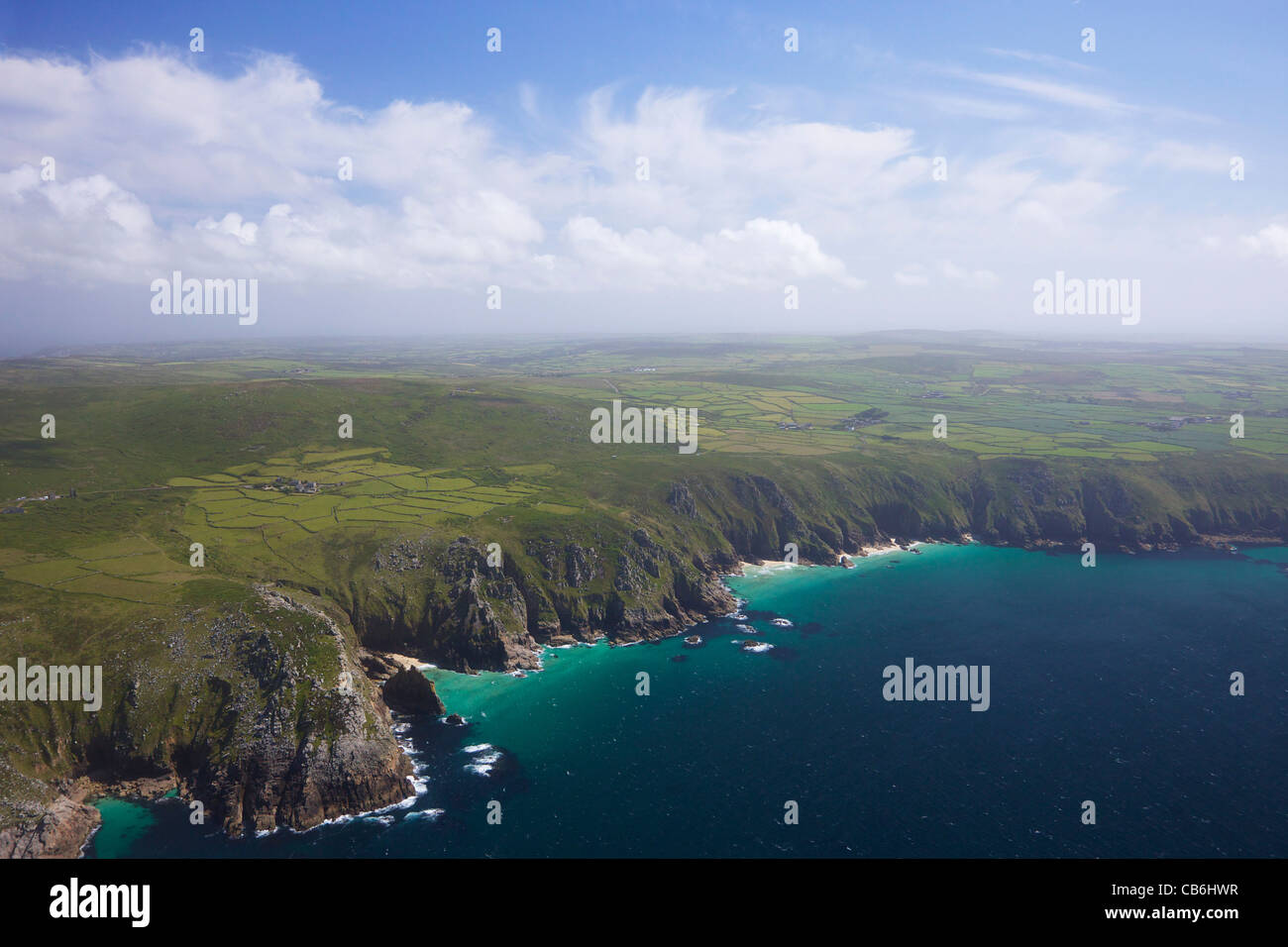 Aerial view of coast near Morvah, West Penwith, Cornwall, Southwest ...