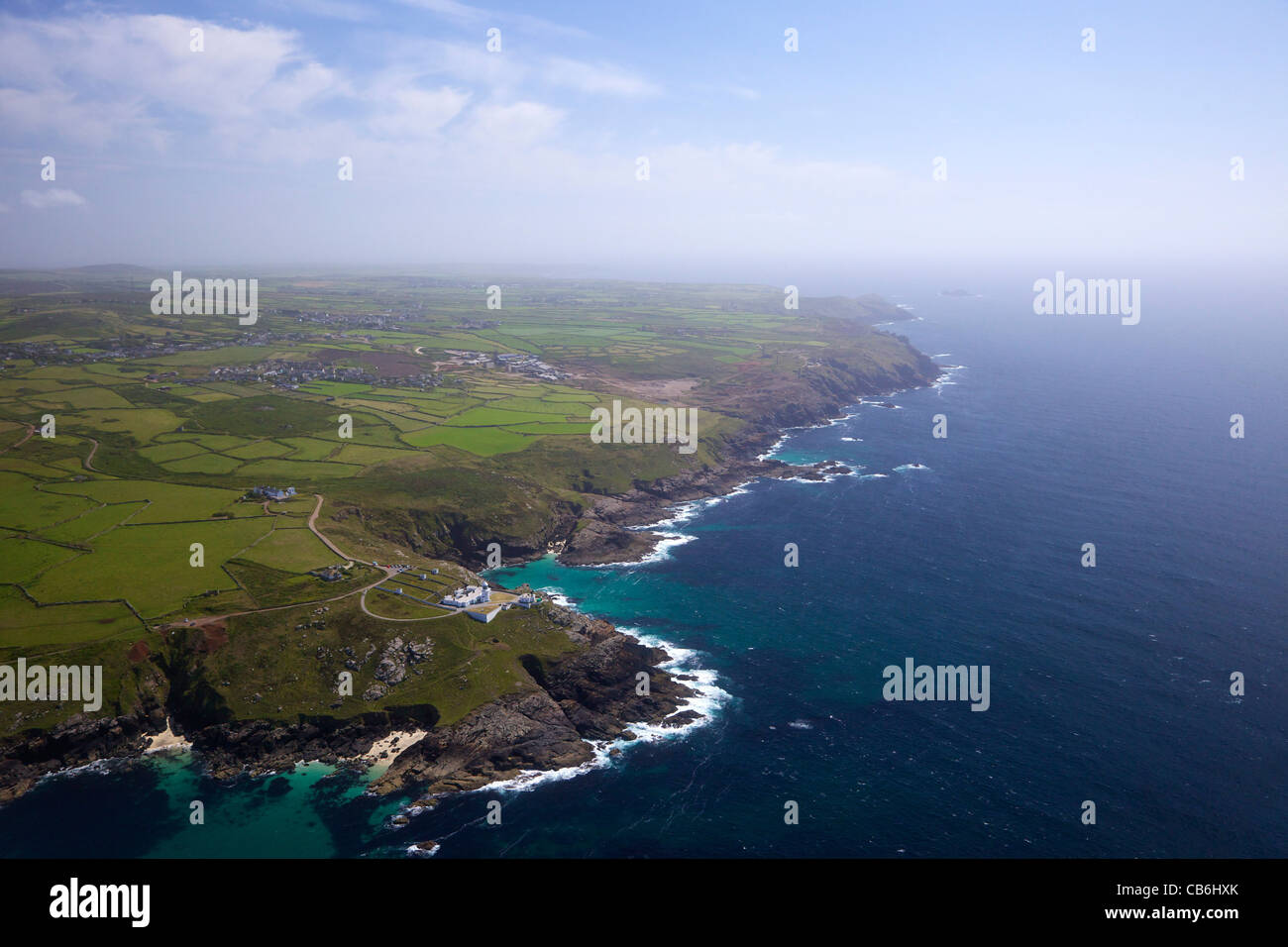 Aerial view of lighthouse at Pendeen Watch, West Penwith, Cornwall ...