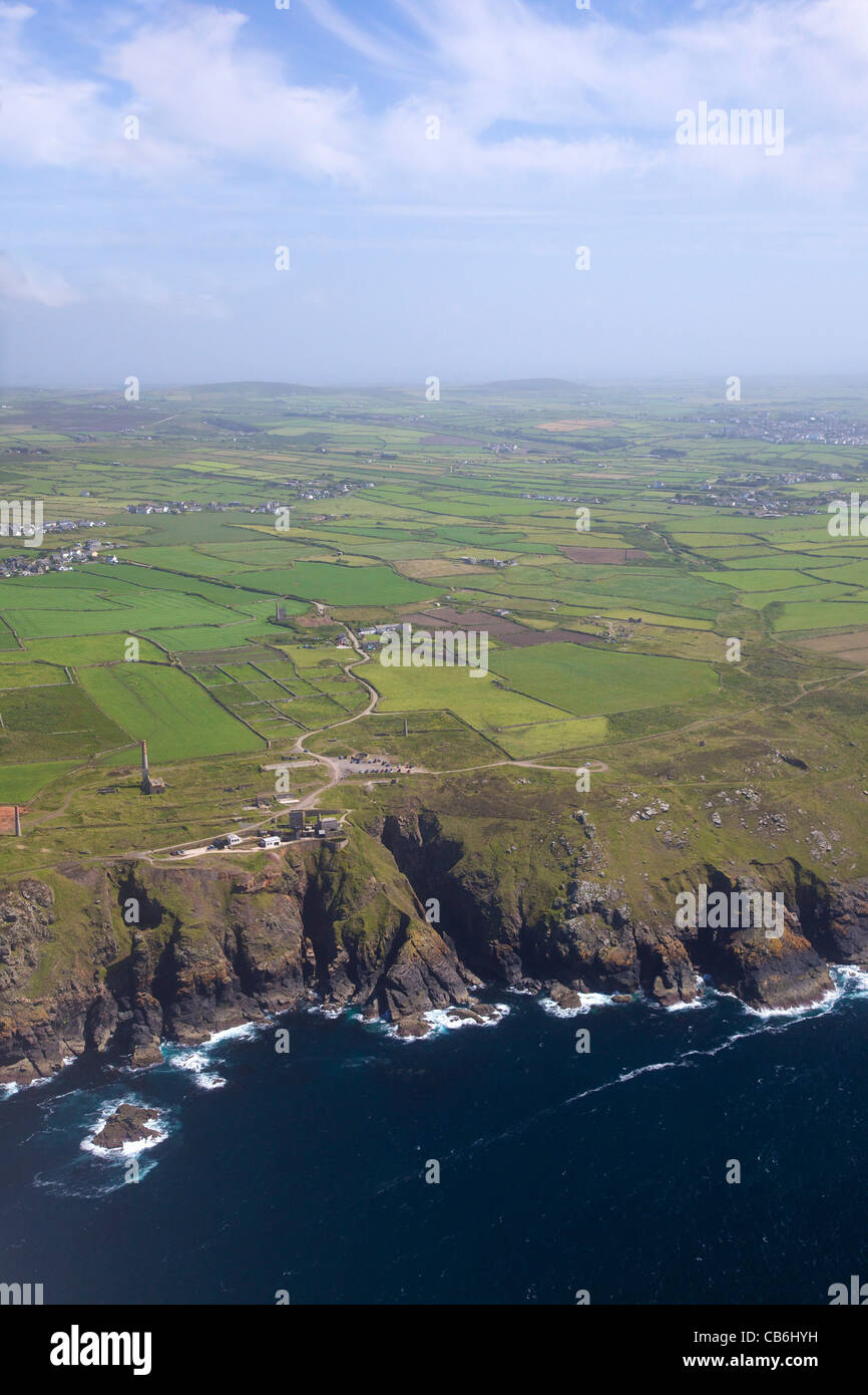 Aerial view of Levant ruined tin mine, near Pendeen, Cornwall, England ...