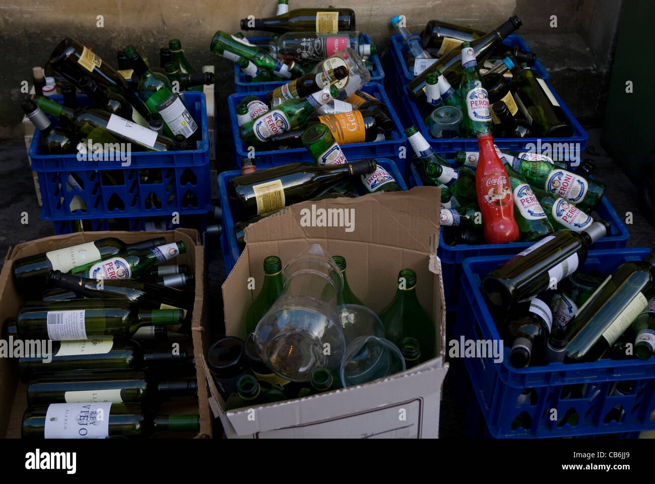 Boxes of empty drink bottles waiting for recycling, Bath Spa England UK ...
