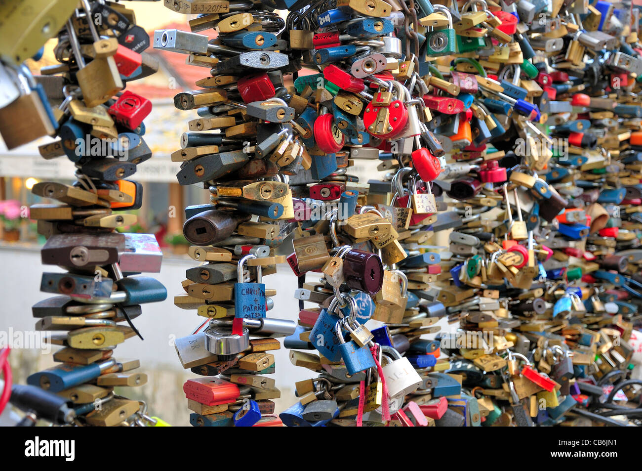 Prague, Czech Republic. Mala strana. 'Love Padlocks' on railings over ...