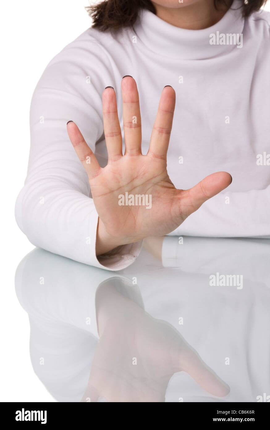 womand saying "Hold there" with her hand (isolated with reflection ...