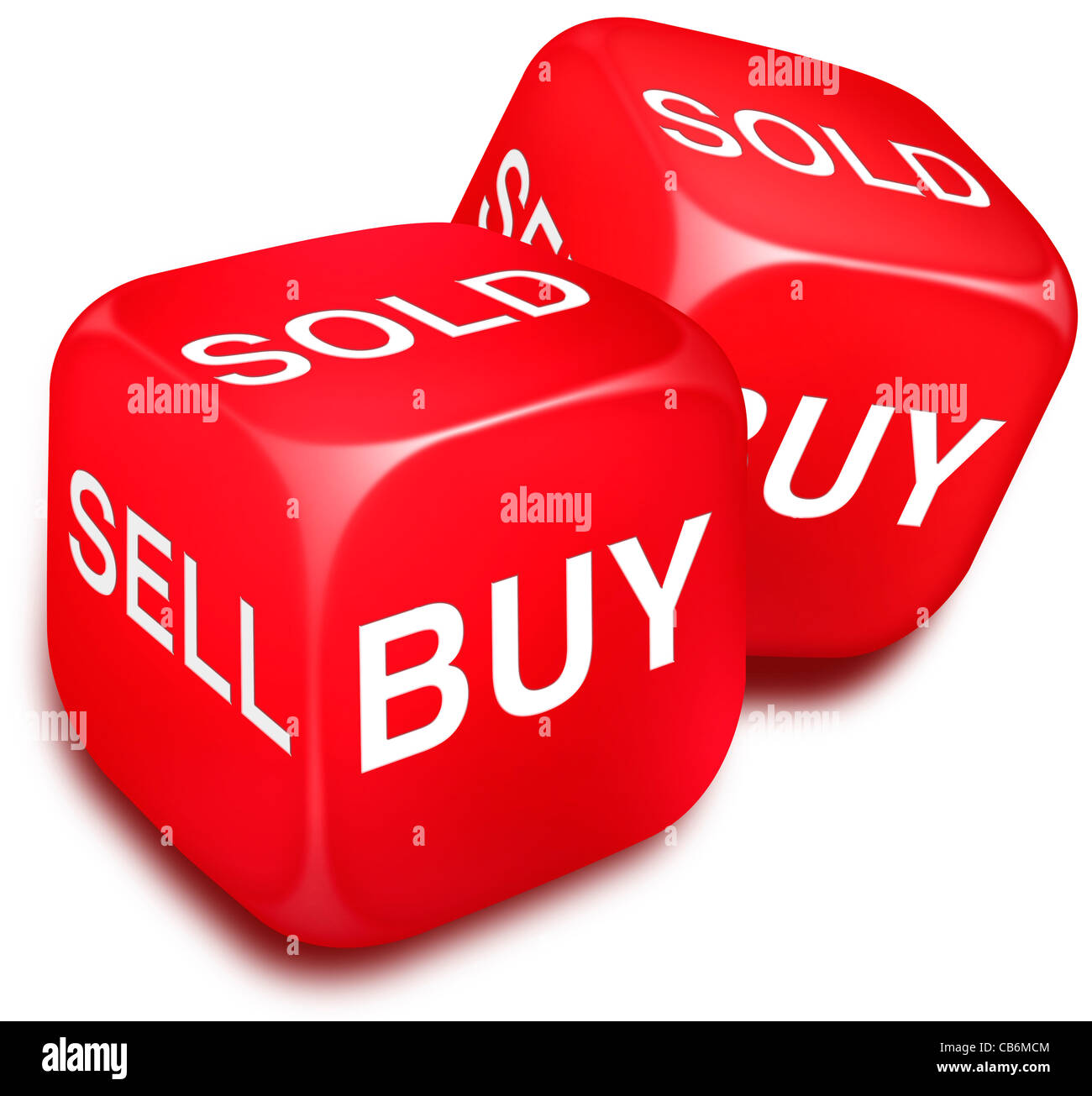 Pair of red dice with the words SELL, BUY and SOLD printed on their ...