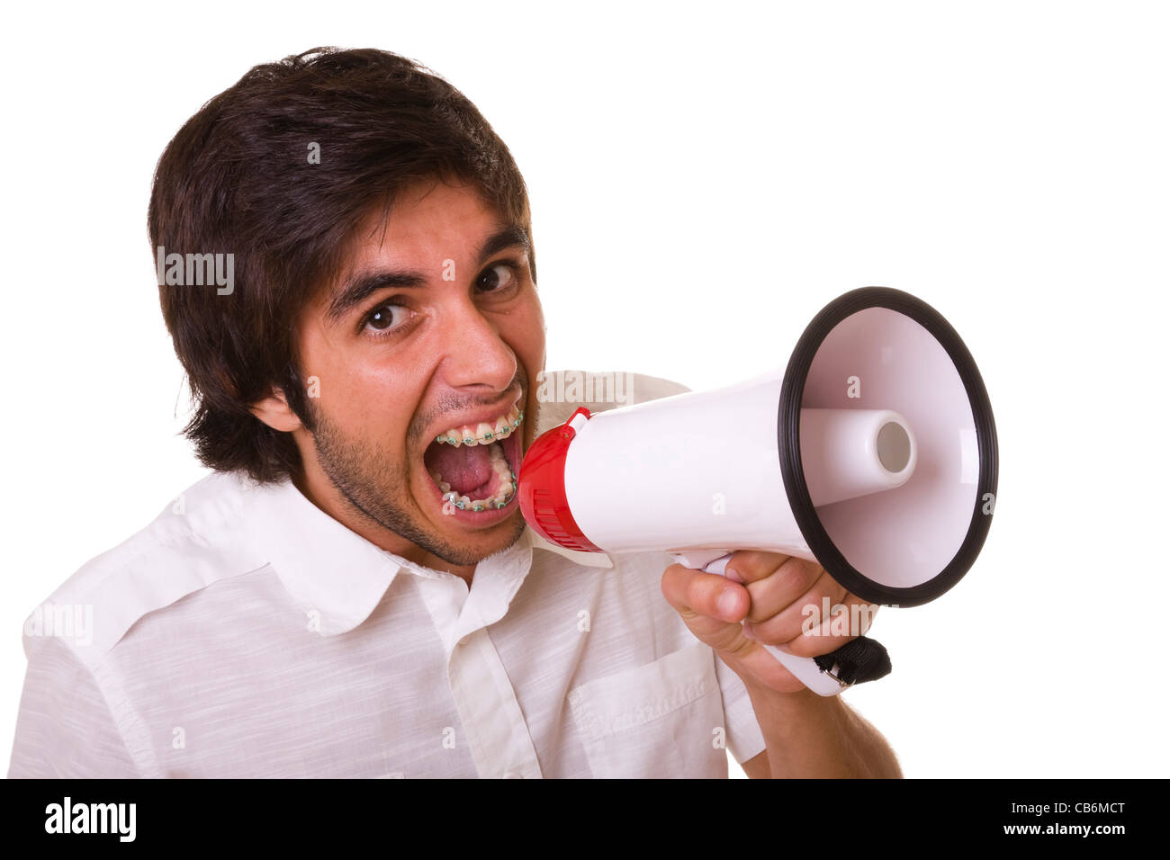 young men shouting at the megaphone (selective focus Stock Photo - Alamy
