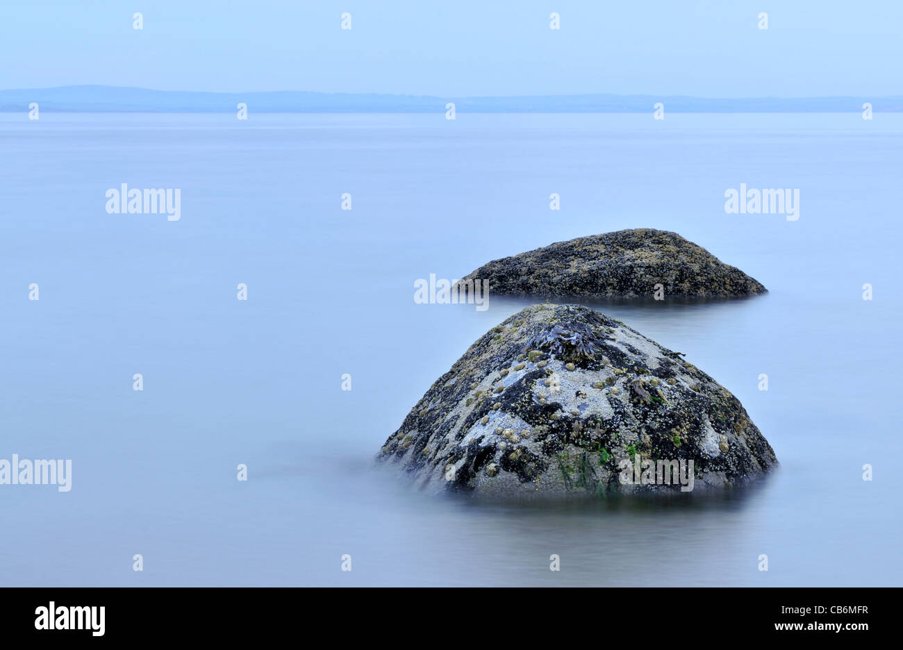Two barnacle encrusted rocks surrounded by water on the beach at Lower ...