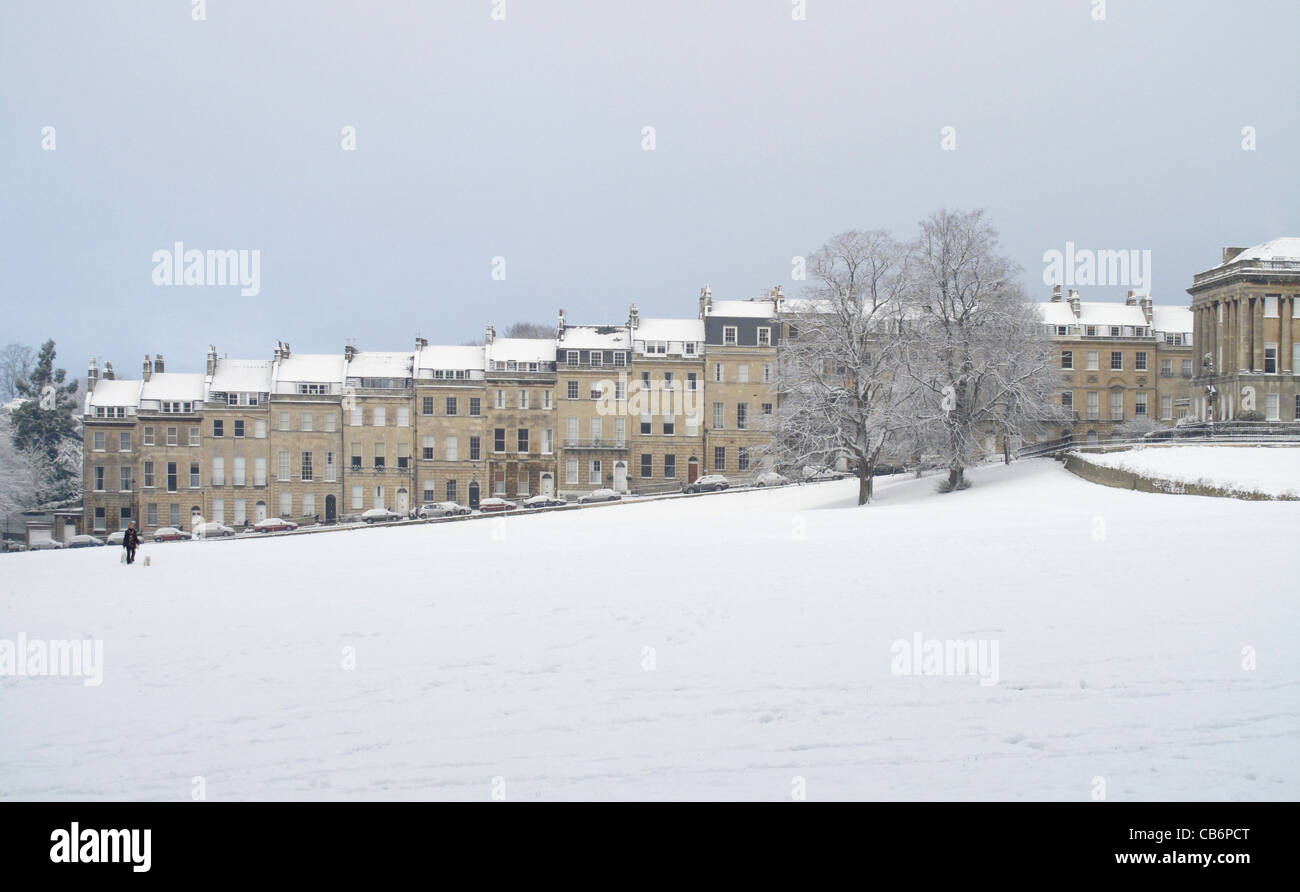 Victoria Park and Marlborough Buildings in the snow in Bath Somerset ...