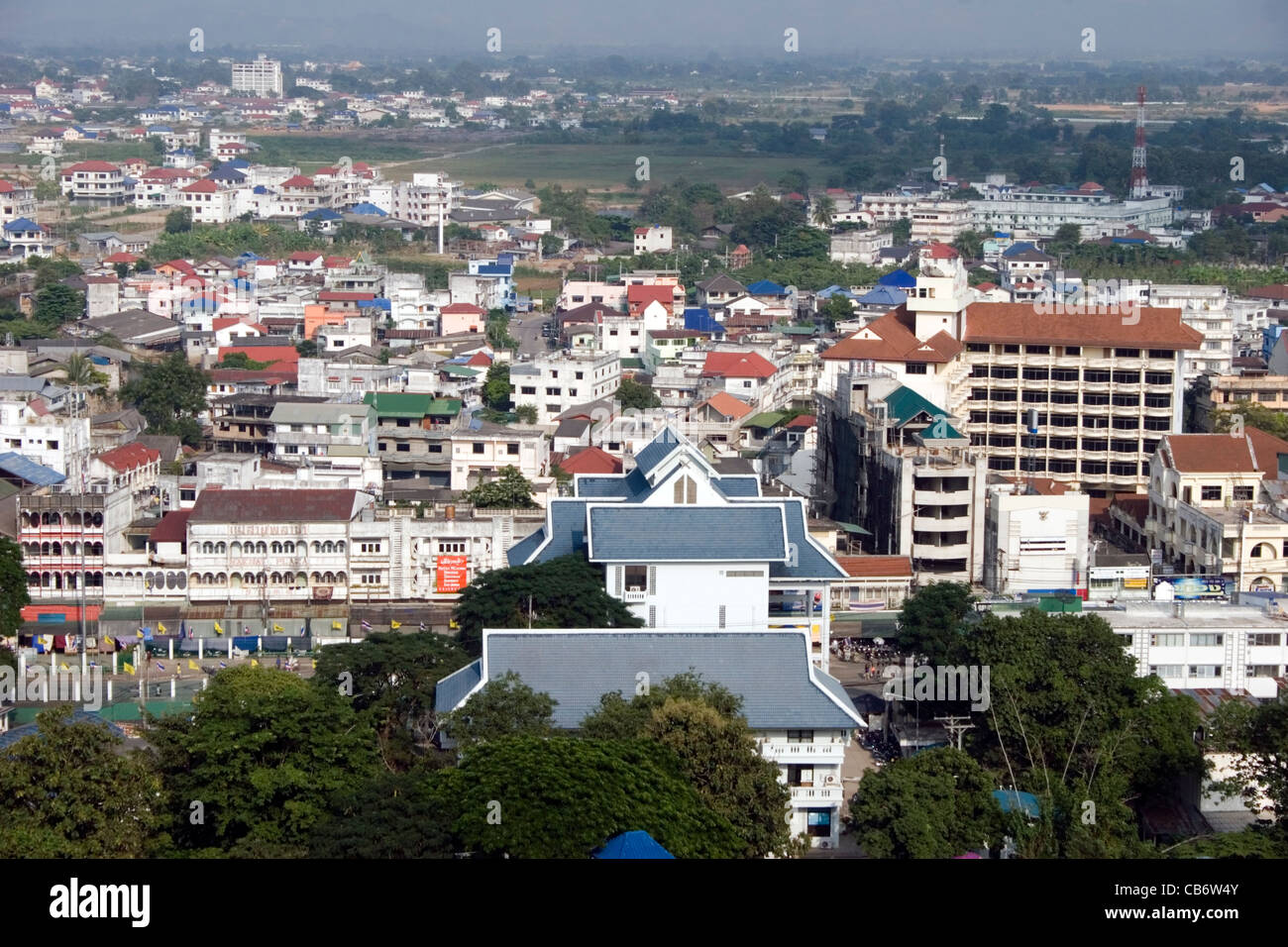 A view from above of the Thailand - Burma border towns of Tachilek ...
