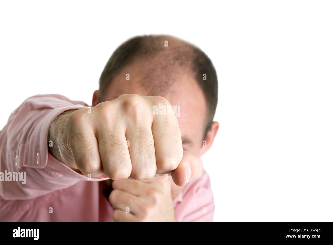 isolated man on white background, focus point on hand, negative concept ...