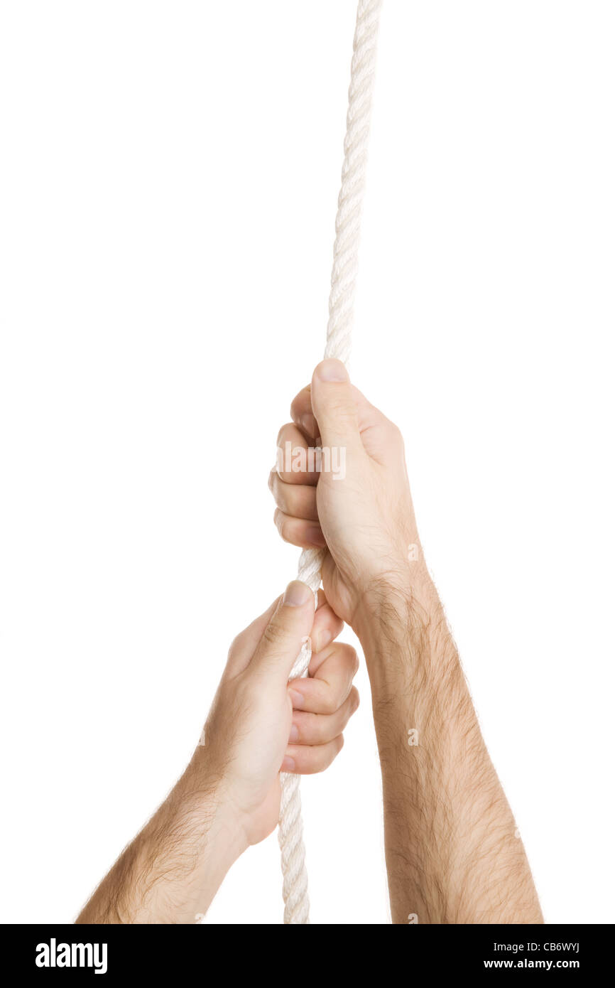 hands with rope isolated on white background, focus point on center of ...