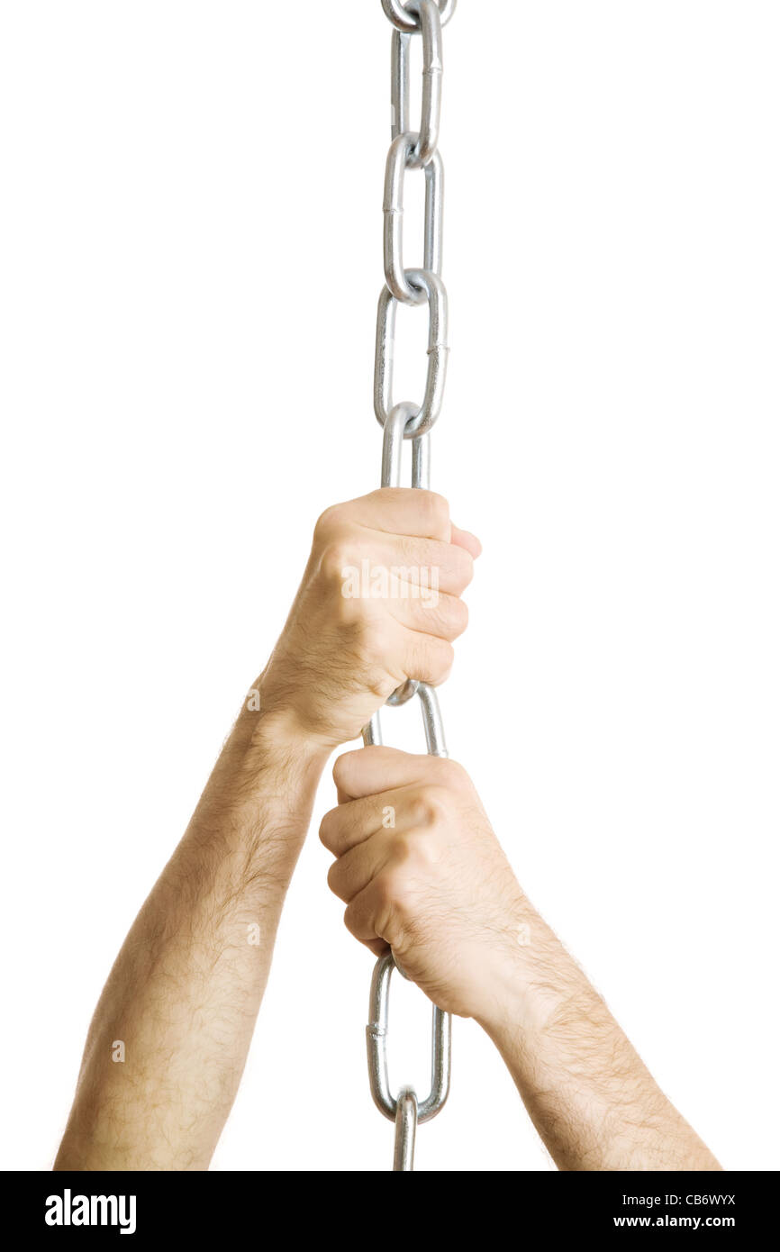 hands of man with metal chain isolated on white background Stock Photo ...