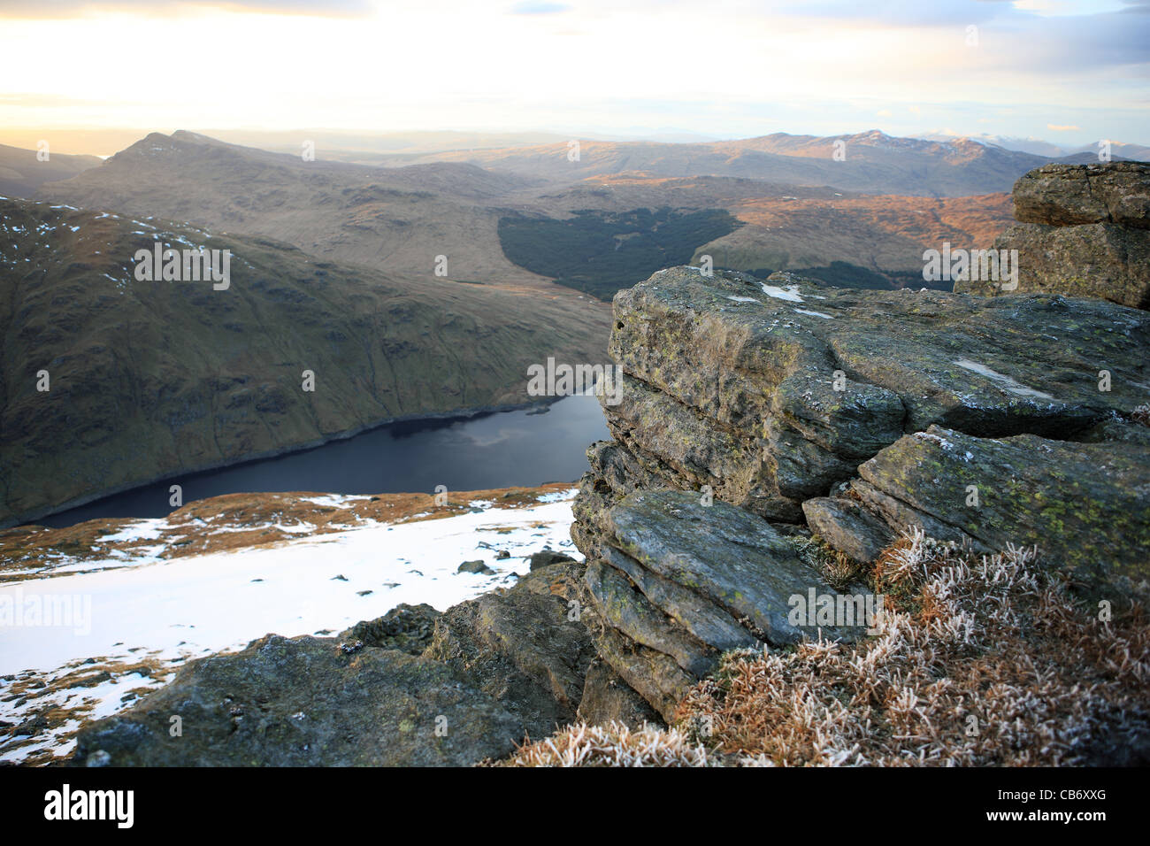 Loch Sloy Dam in winter from near the summit of Ben Vorlich Stock Photo ...