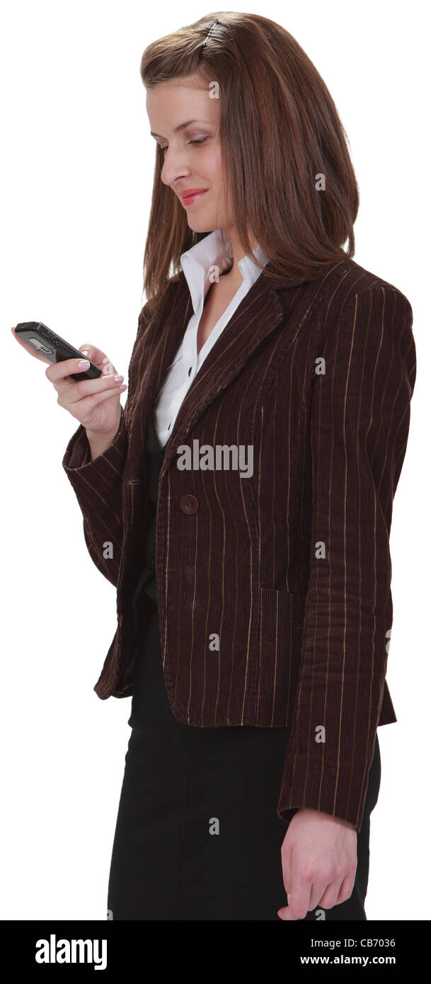 Image of a young woman checking her mobile phone,isolated against a ...
