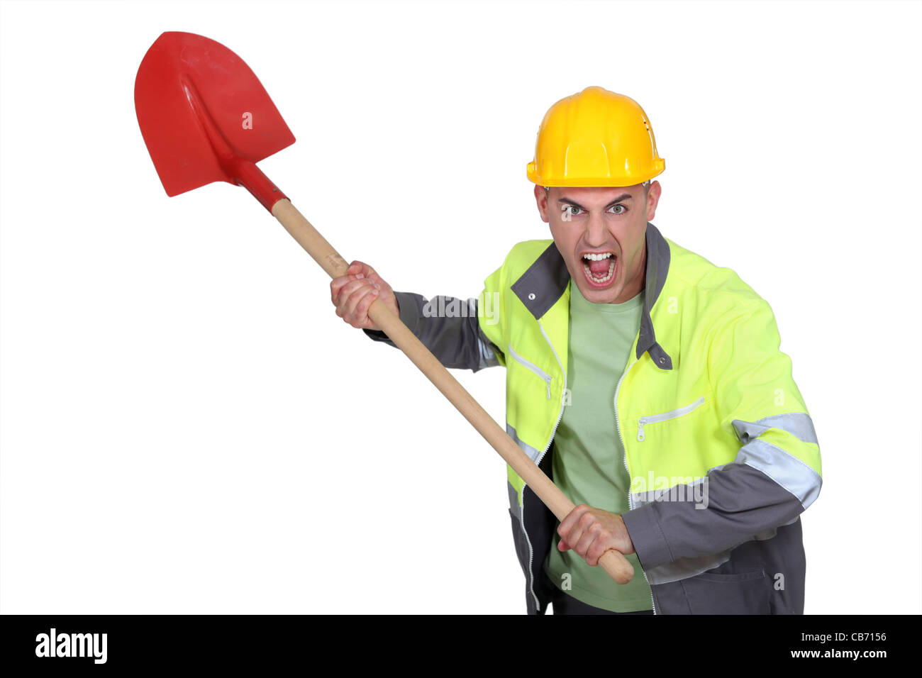 Angry construction worker holding spade Stock Photo - Alamy