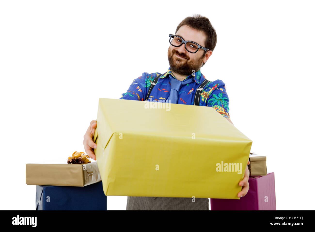 happy silly salesman with some boxes, isolated on white Stock Photo - Alamy