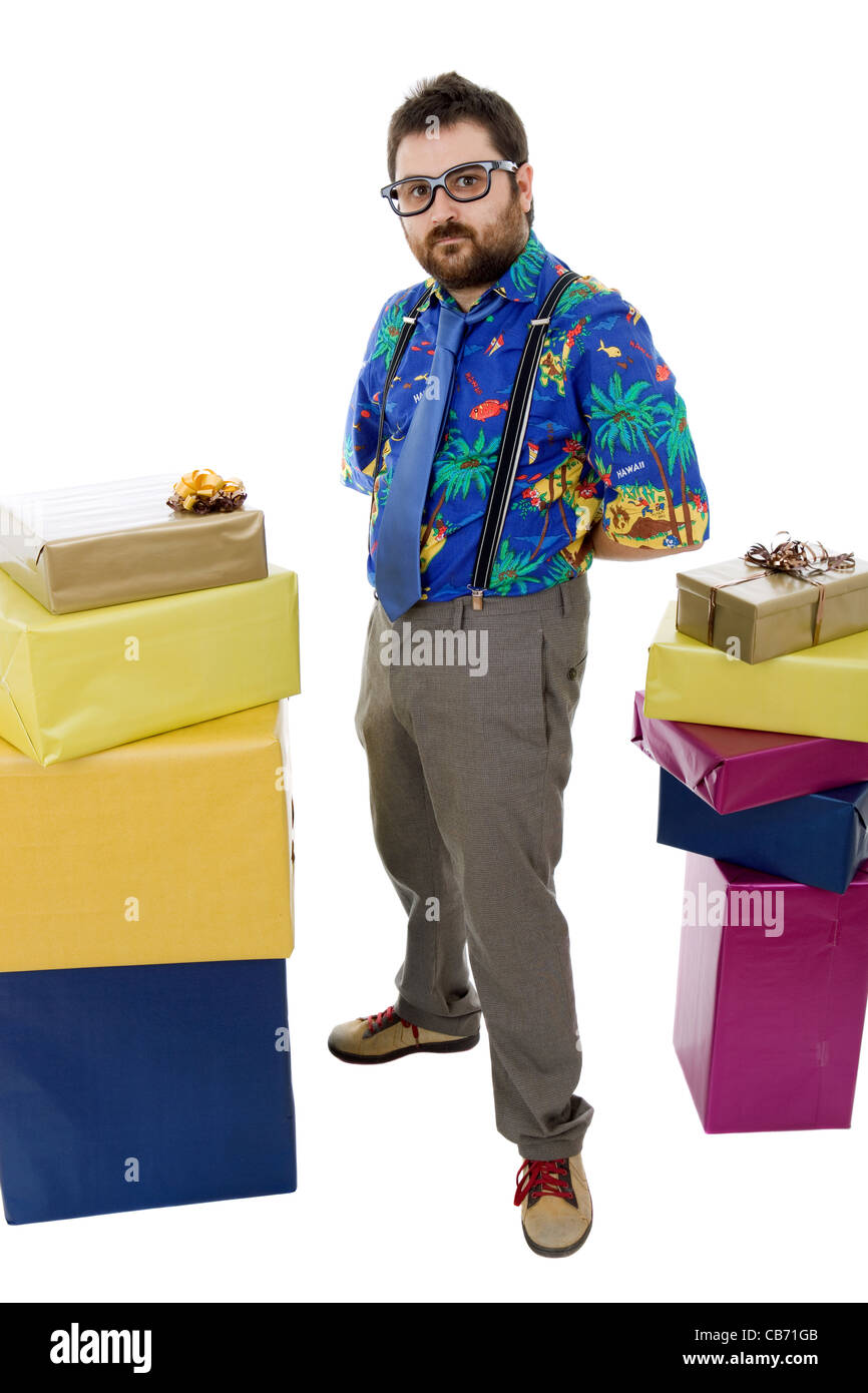 happy silly salesman with some boxes, isolated on white Stock Photo - Alamy