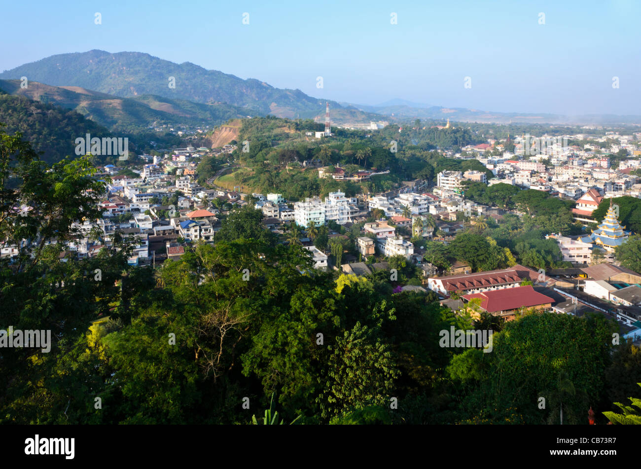 Spectacular view from Buddhist temple on hilltop in Maesai Thailand ...
