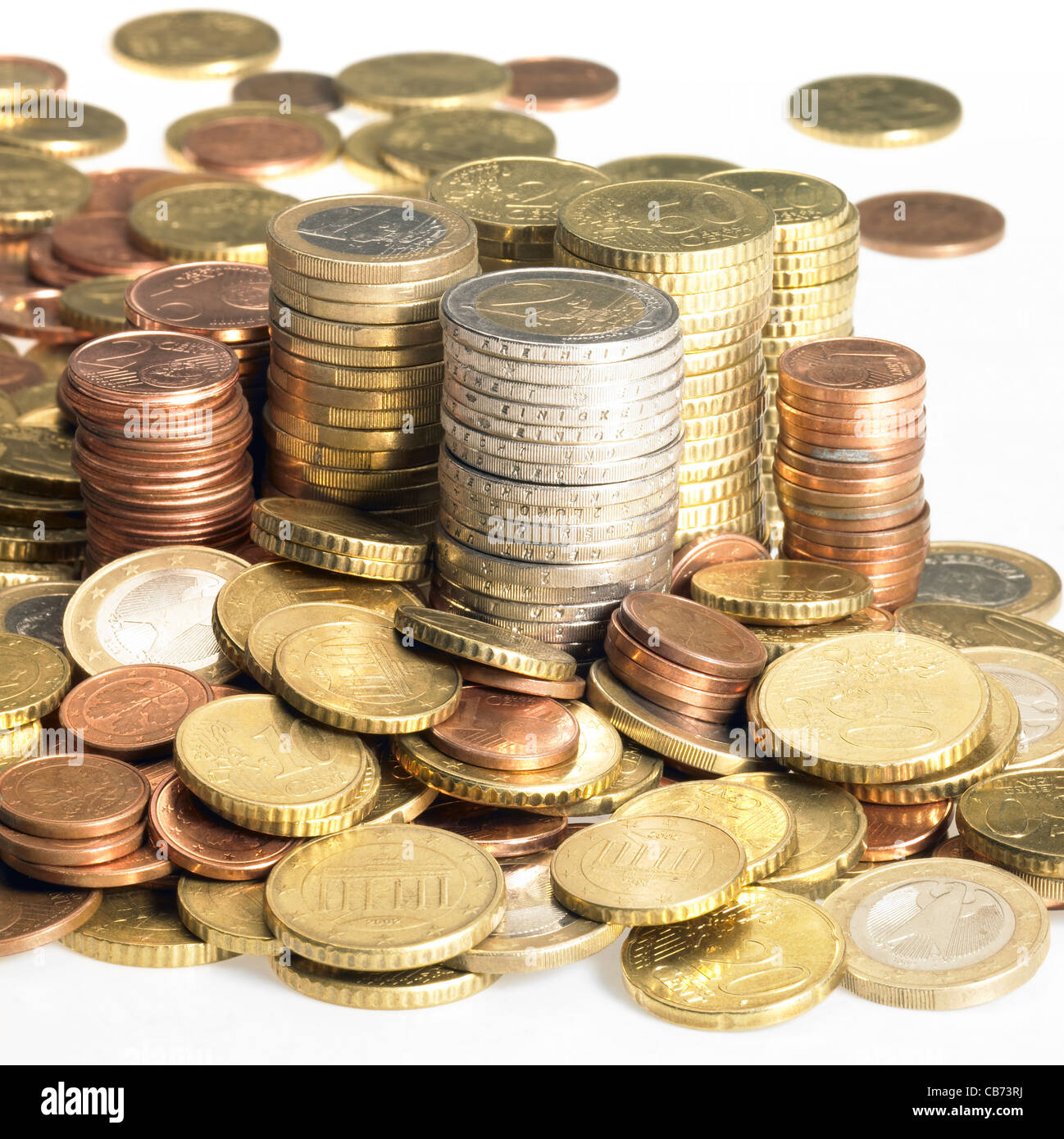 stacks with all sorts of euro coins Stock Photo - Alamy