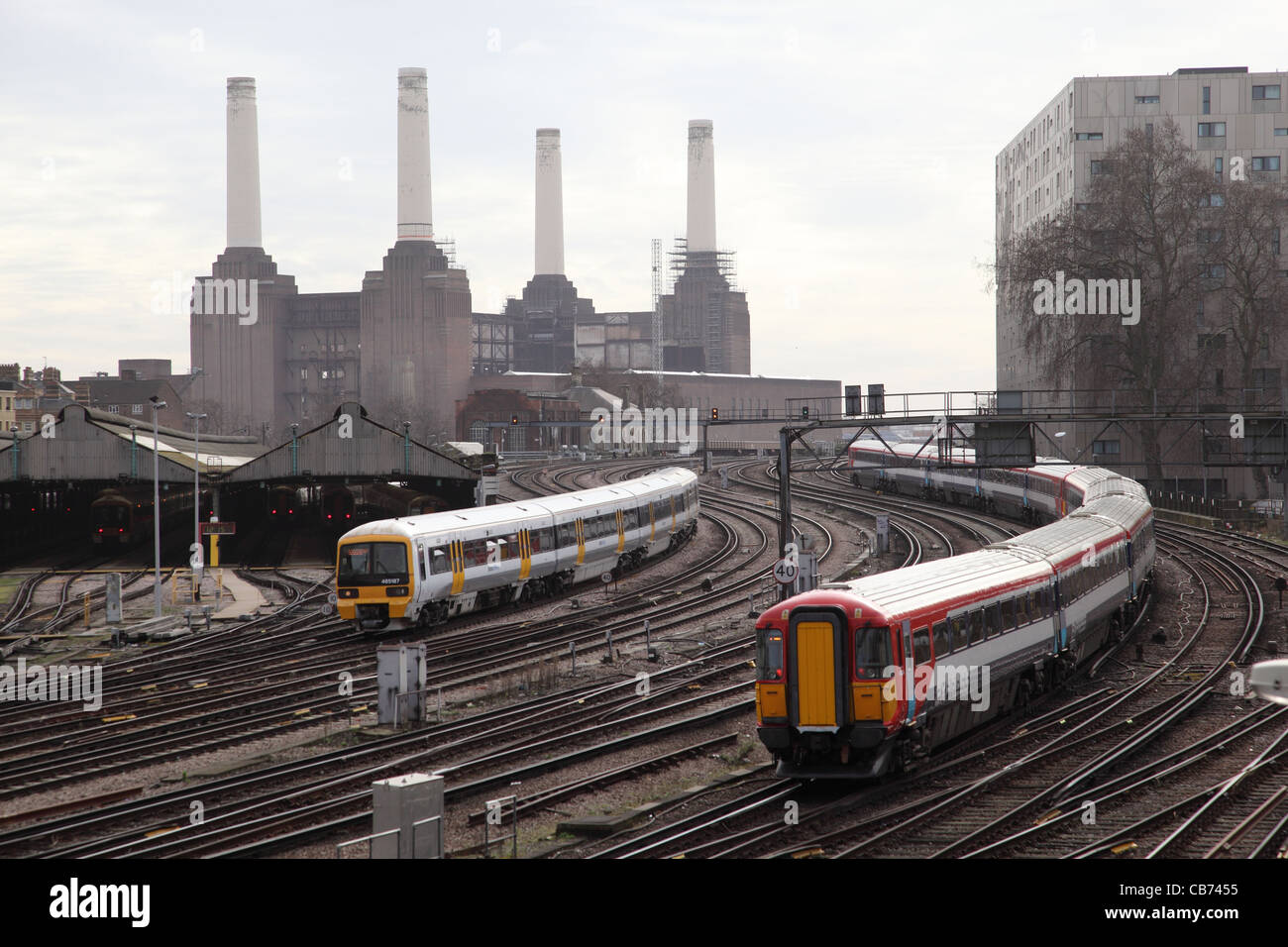 Railway Lines near London's Victoria Station with Battersea Power ...
