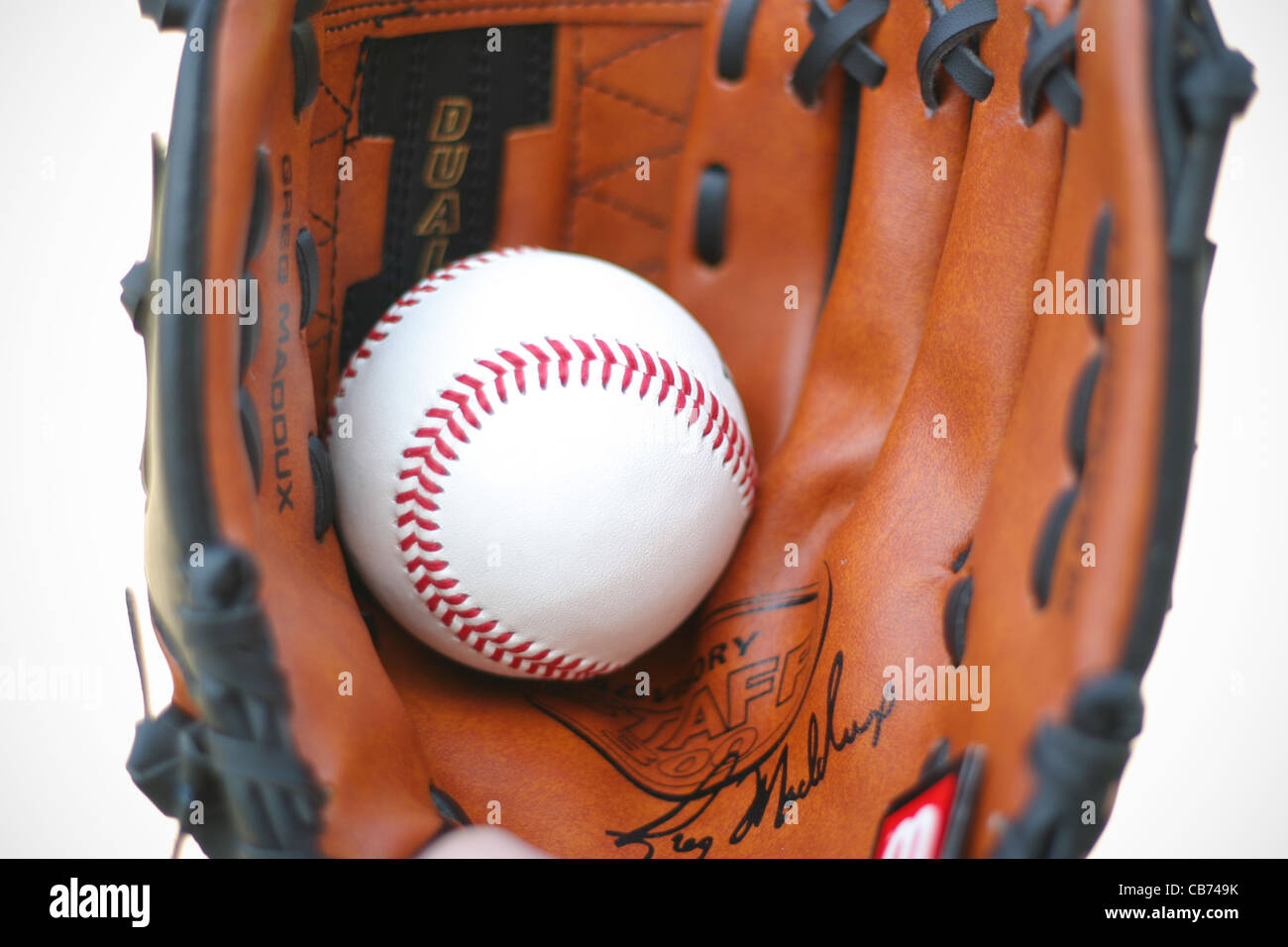 Baseball bat, ball and mitt glove, sports equipment close ups Stock ...