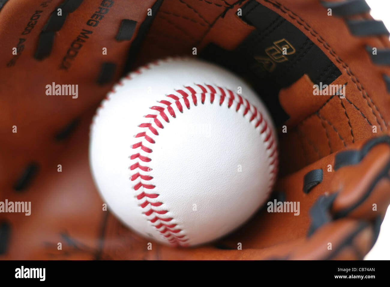 Baseball bat, ball and mitt glove, sports equipment close ups Stock ...