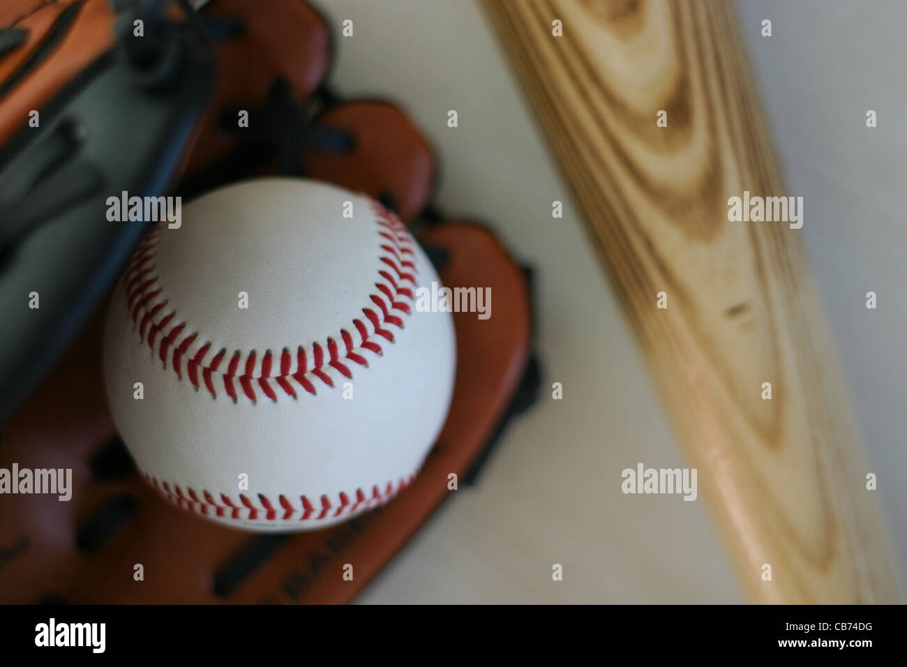 Baseball bat, ball and mitt glove, sports equipment close ups Stock ...