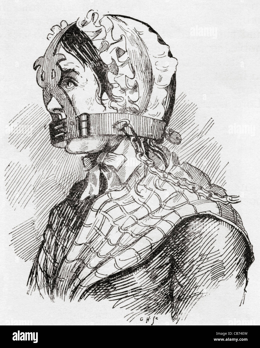 Woman wearing a Derbyshire Brank or muzzle in the 17th century. From ...