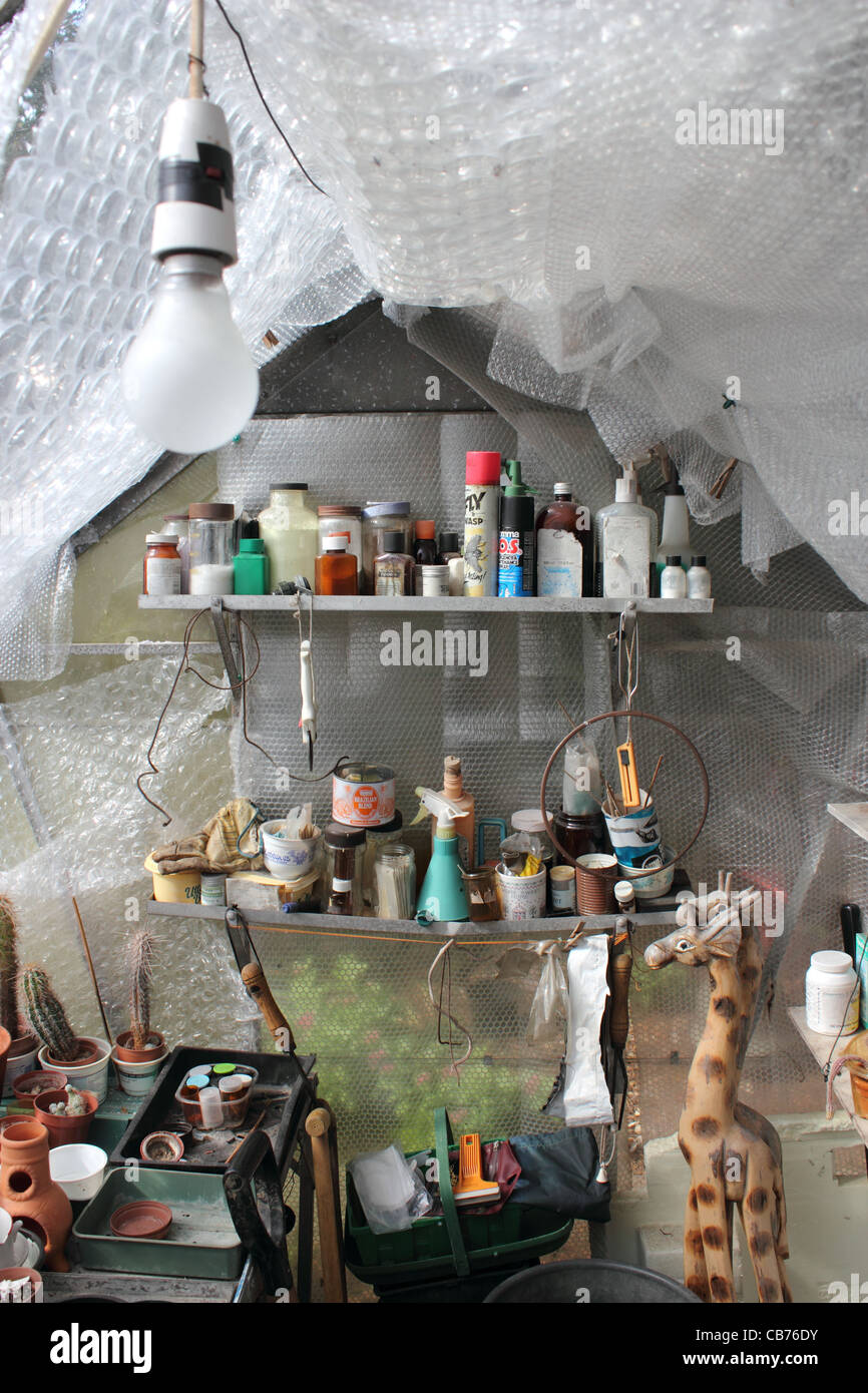 Cluttered domestic greenhouse in a suburban garden Stock Photo - Alamy
