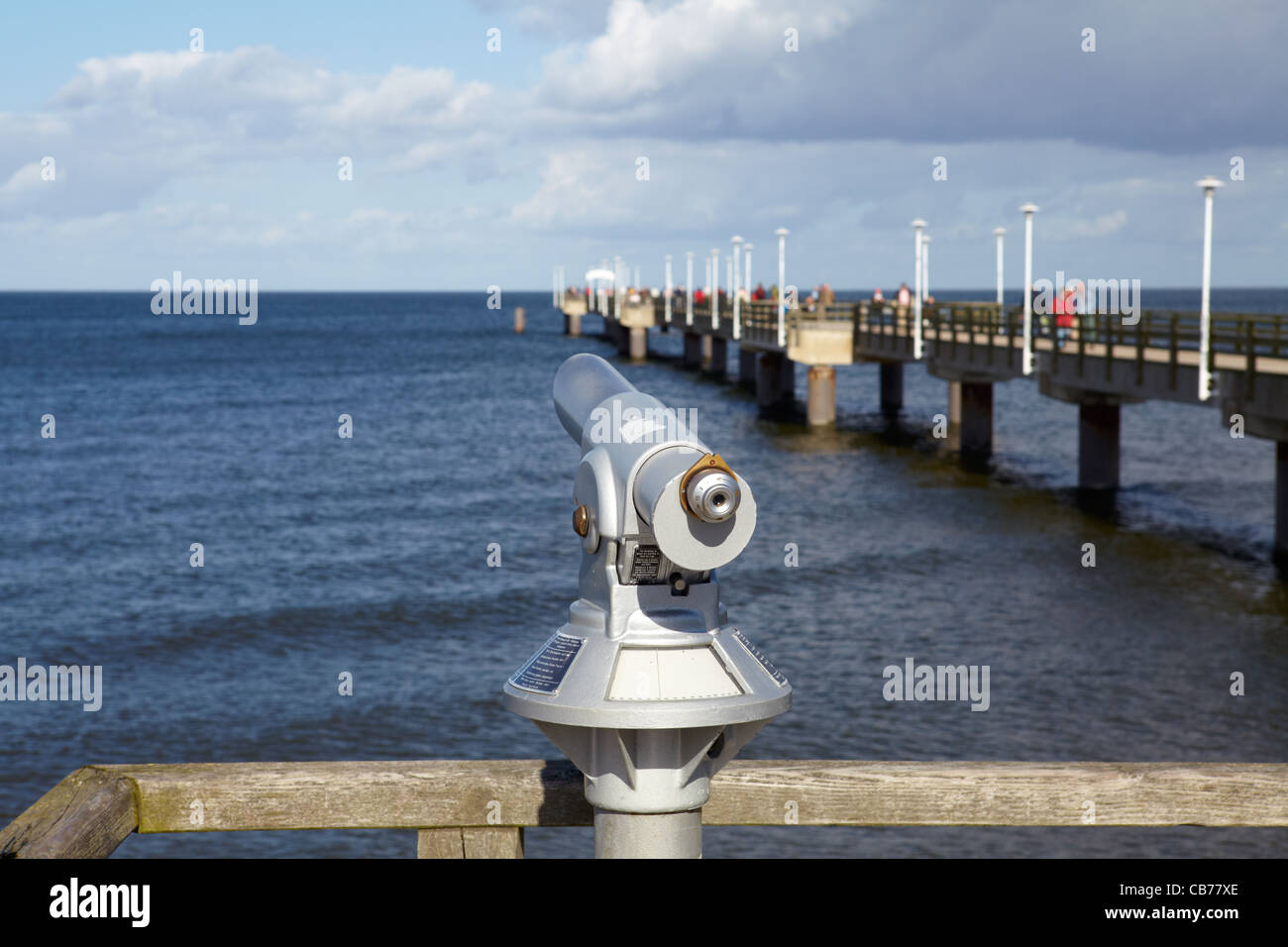 View of a sea bridge on the German Baltic coast with a telescope in the ...
