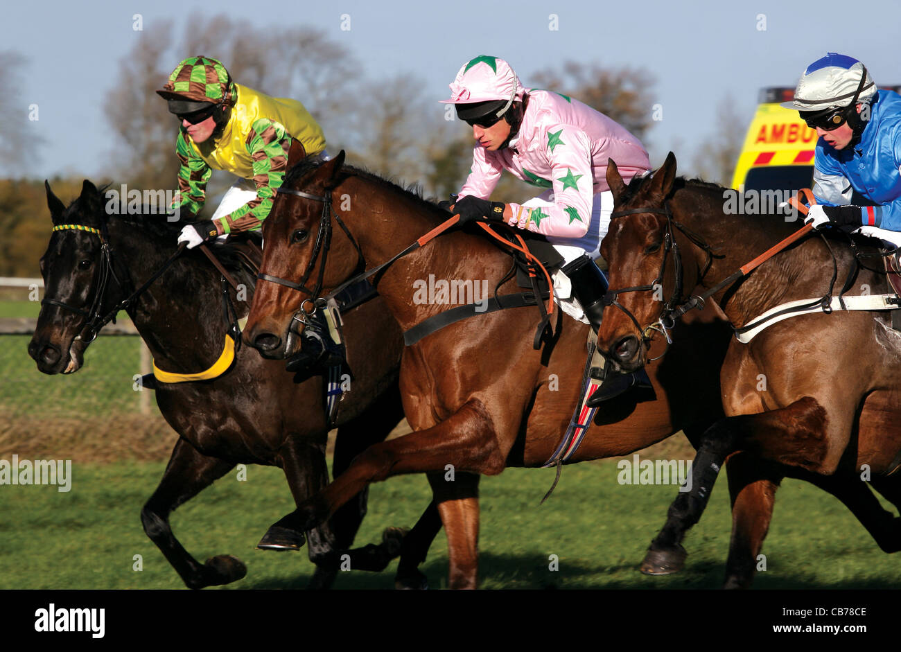 Rider pictured during point-to-point horse racing event over jumps ...