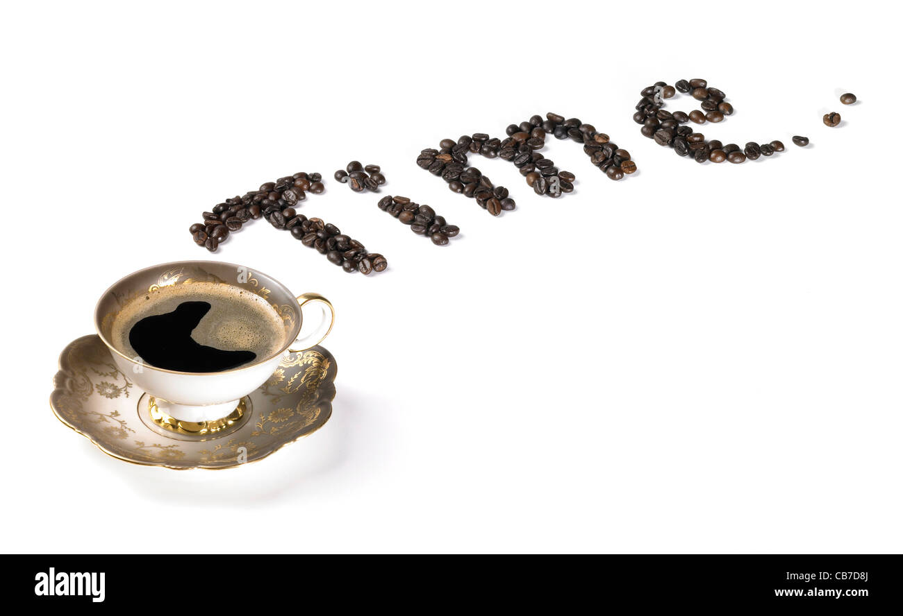 Studio photography of a coffee cup and written text made of coffee ...