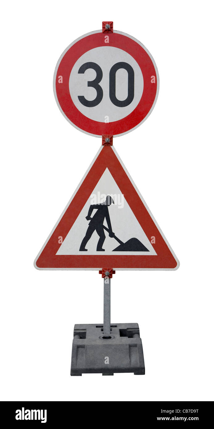 road works and tempo limit sign on stand isolated on white Stock Photo ...