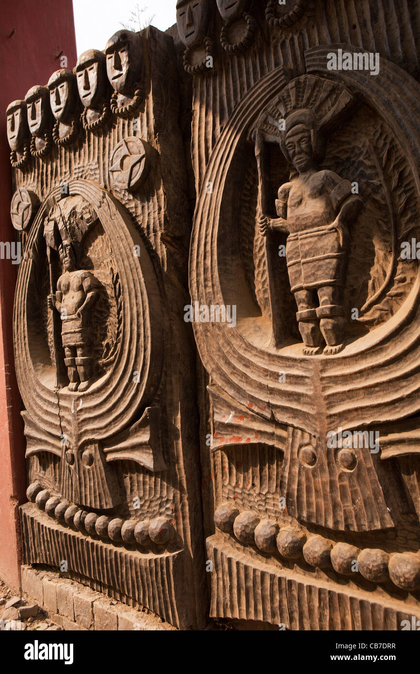 India, Nagaland, Tuophema, traditionally carved wooden Kharu gate ...