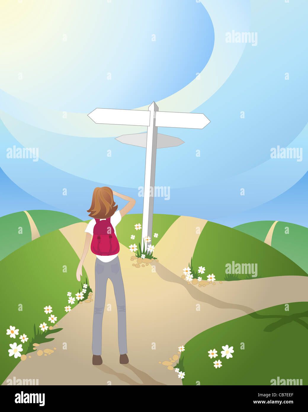 an illustration of a crossroads in the countryside with a white ...