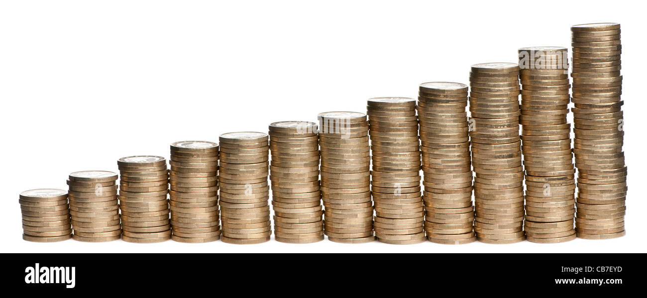 Stacks of 1 Euro Coins in front of white background Stock Photo - Alamy