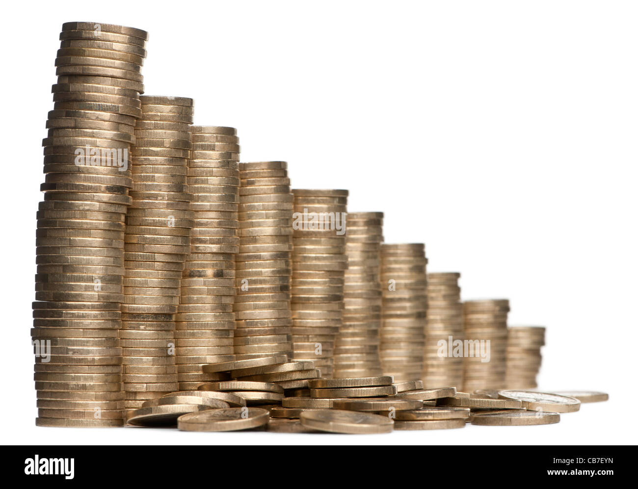 Stacks of 1 Euro Coins in front of white background Stock Photo - Alamy