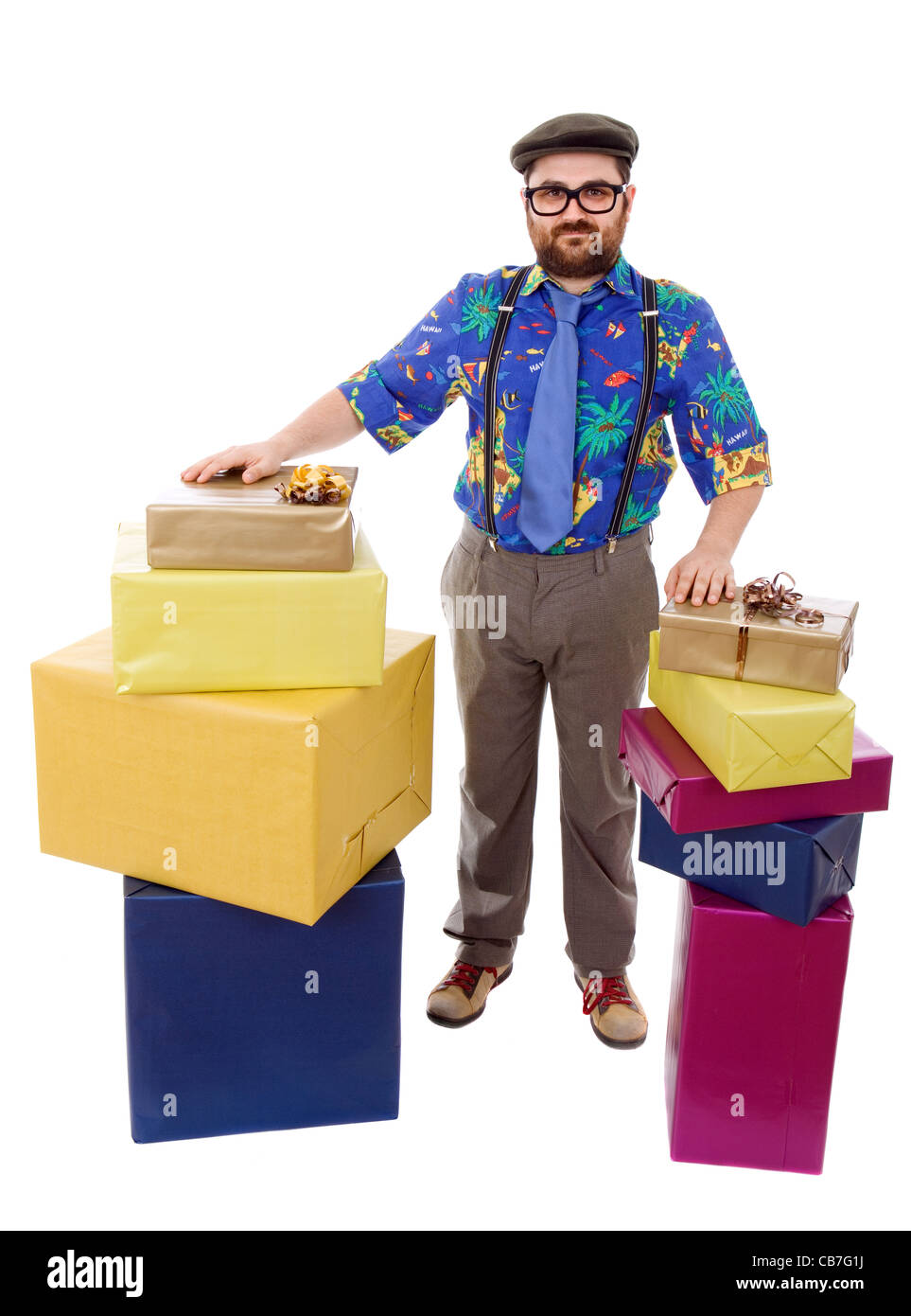 happy silly salesman with some boxes, isolated on white Stock Photo - Alamy