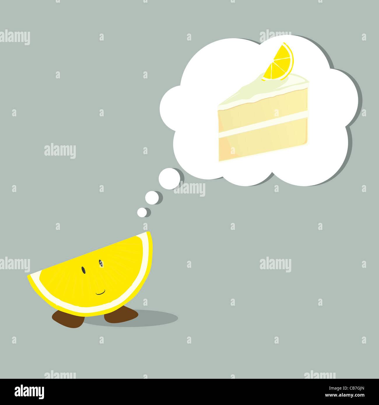 Smiling lemon wedge thinking of a lemon cake slice Stock Photo - Alamy