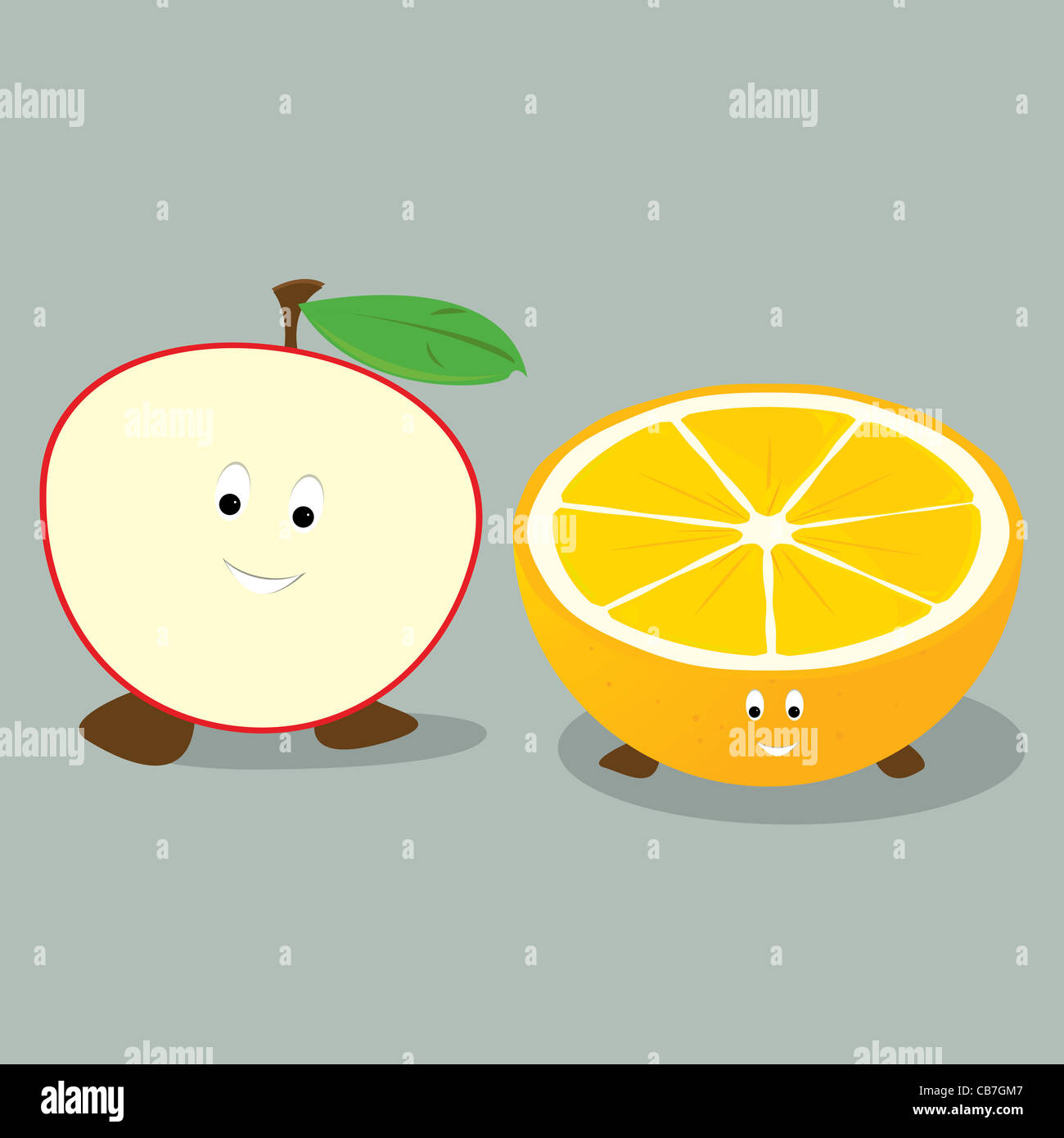 Smiling apple and orange half characters Stock Photo - Alamy