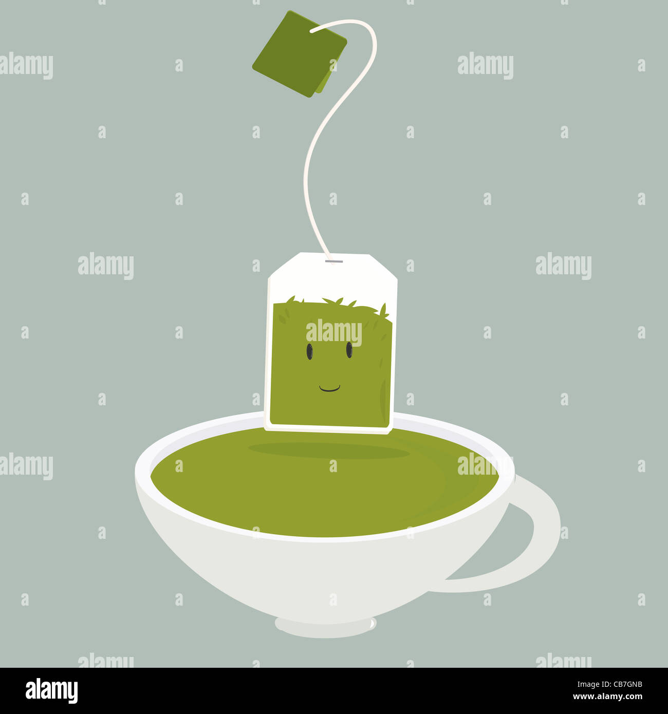 Smiling green tea bag character with tea cup Stock Photo - Alamy
