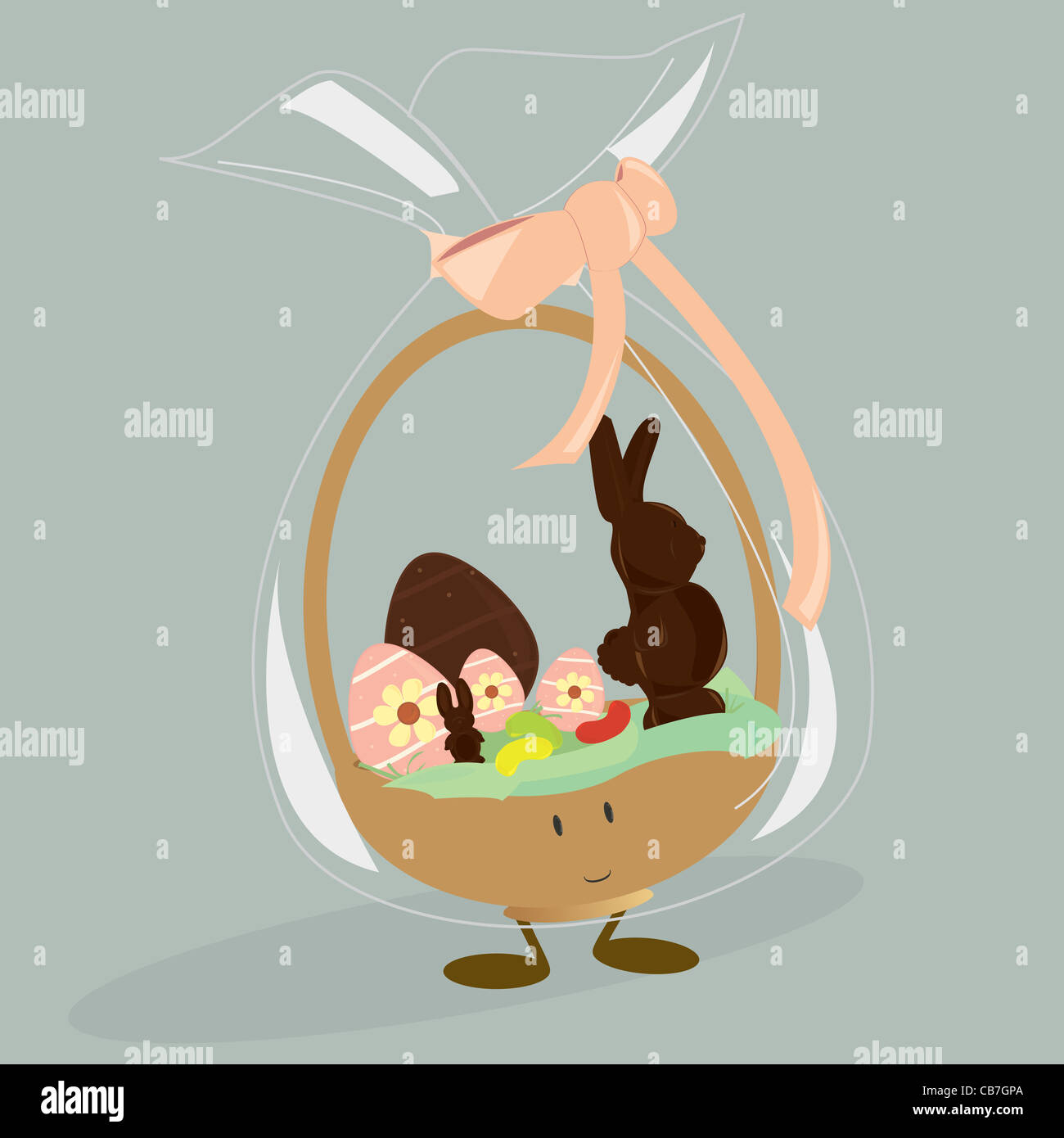 Smiling Easter basket character filled with eggs and chocolate bunnies ...