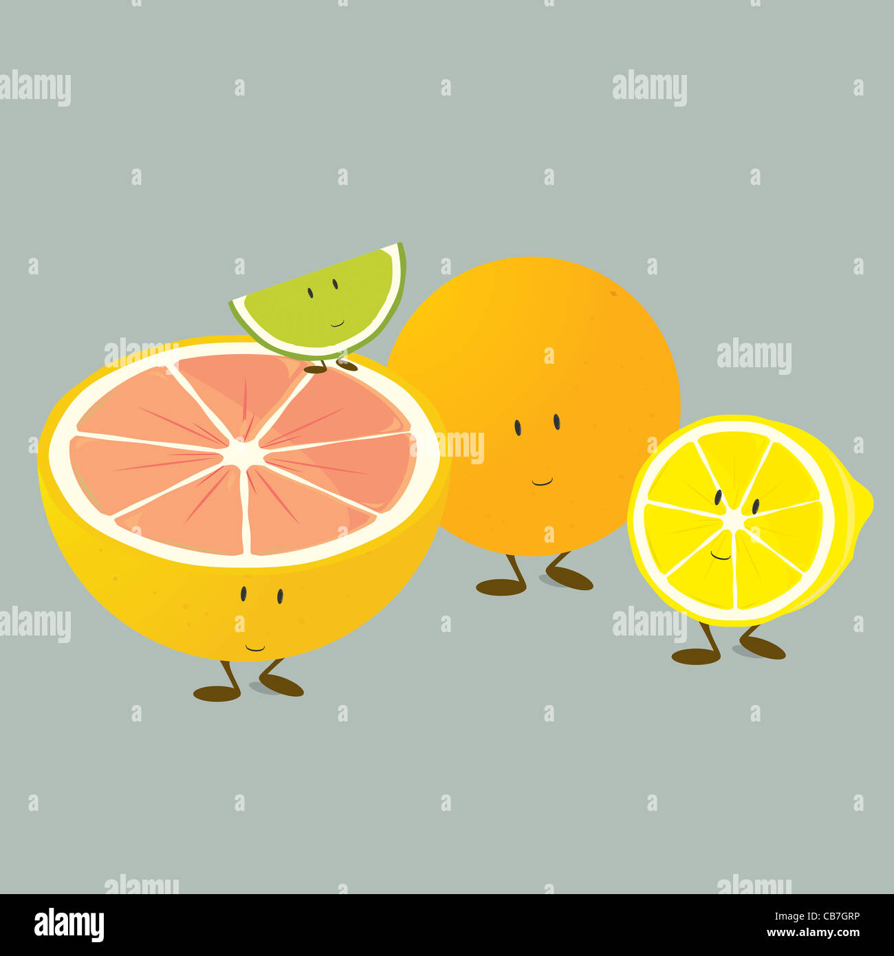 Smiling citrus characters including lemon, orange, grapefruit, and lime ...
