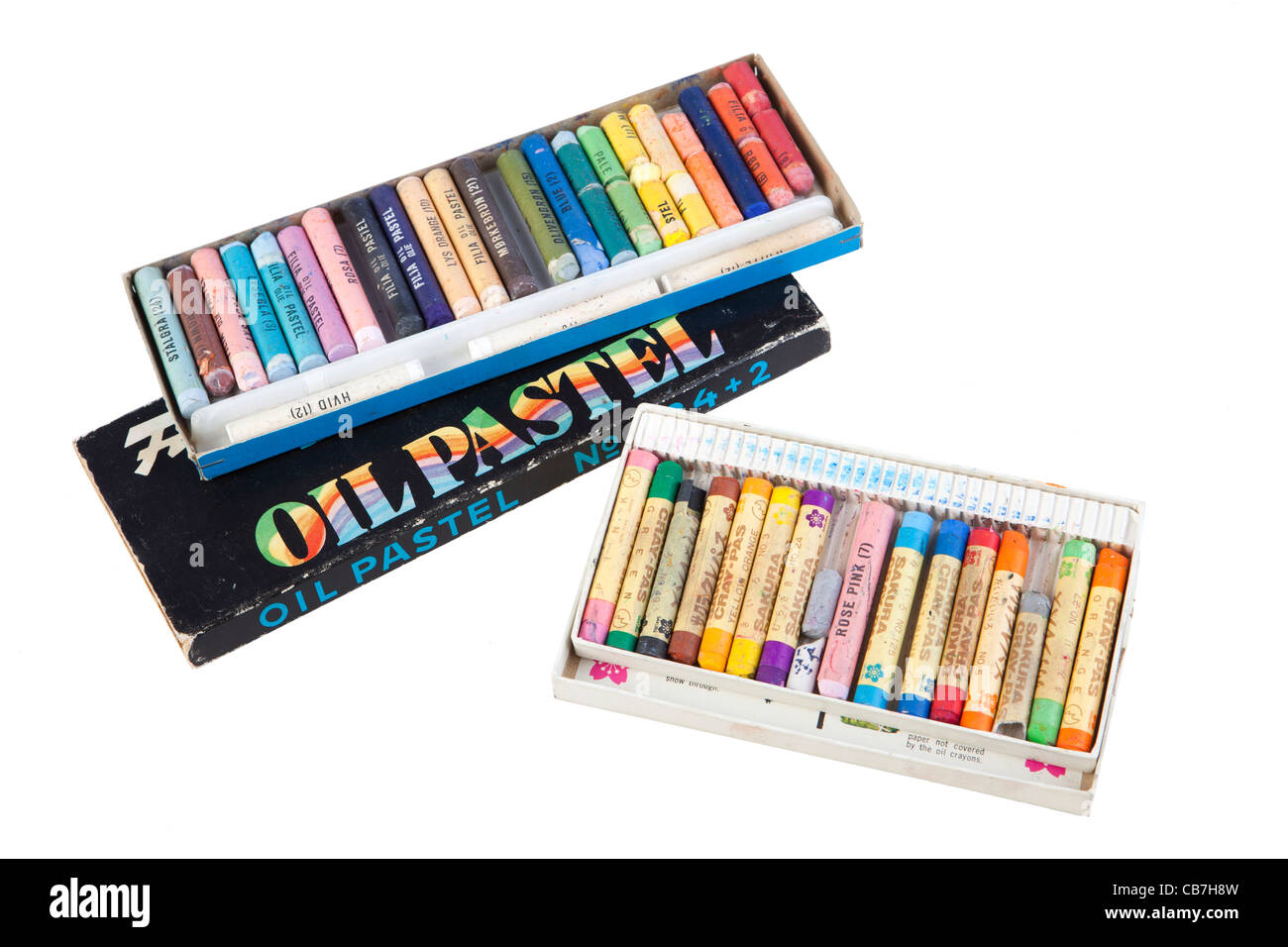 Art, colourful boxes of used artists Filia and Sakura oil pastels Stock ...