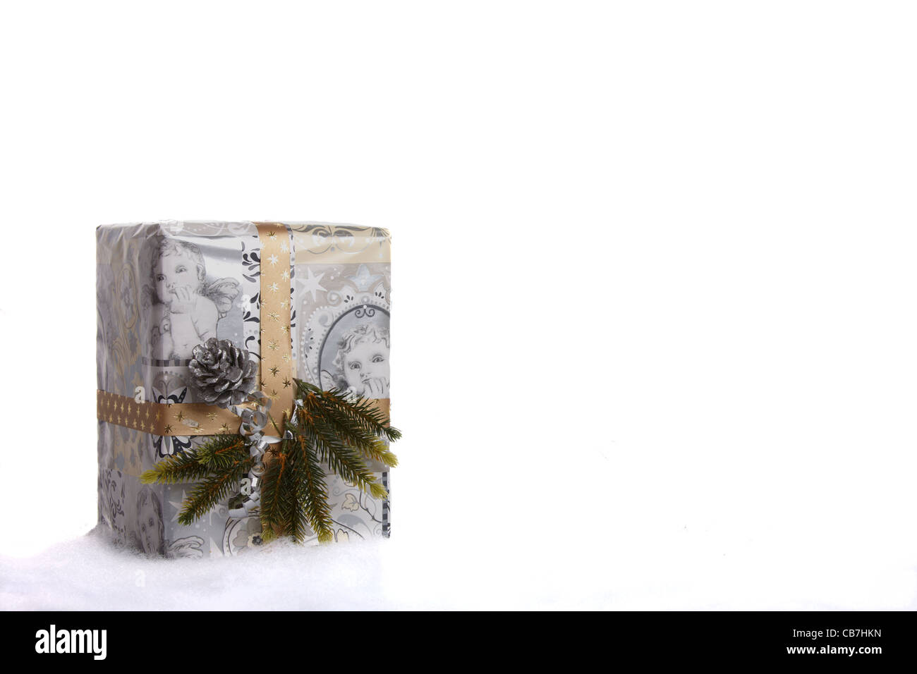 A big Christmas gift in silver wrapping paper decorated with a pine ...