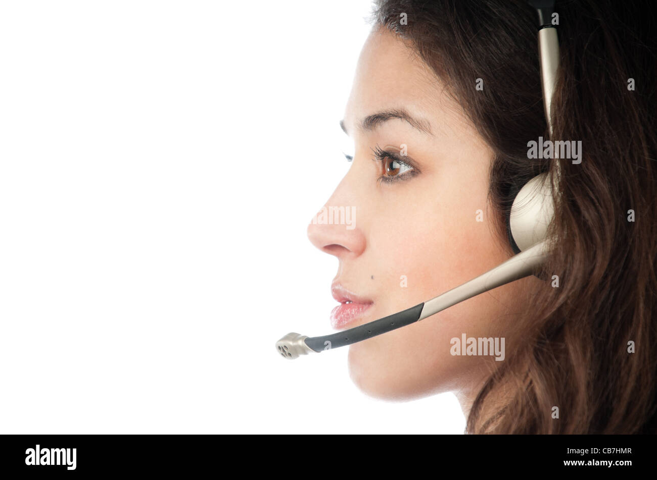 beautiful and young woman helpdesk operator profile with dark wavy hair ...