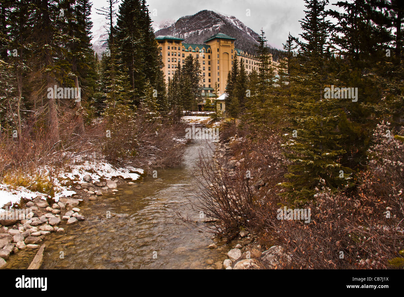 Chateau Lake Louise resort on a snowy day in late October, in Banff ...