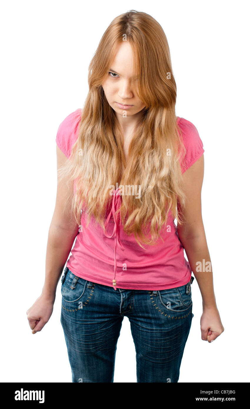 angry teenage girl standing isolated against white background and ...
